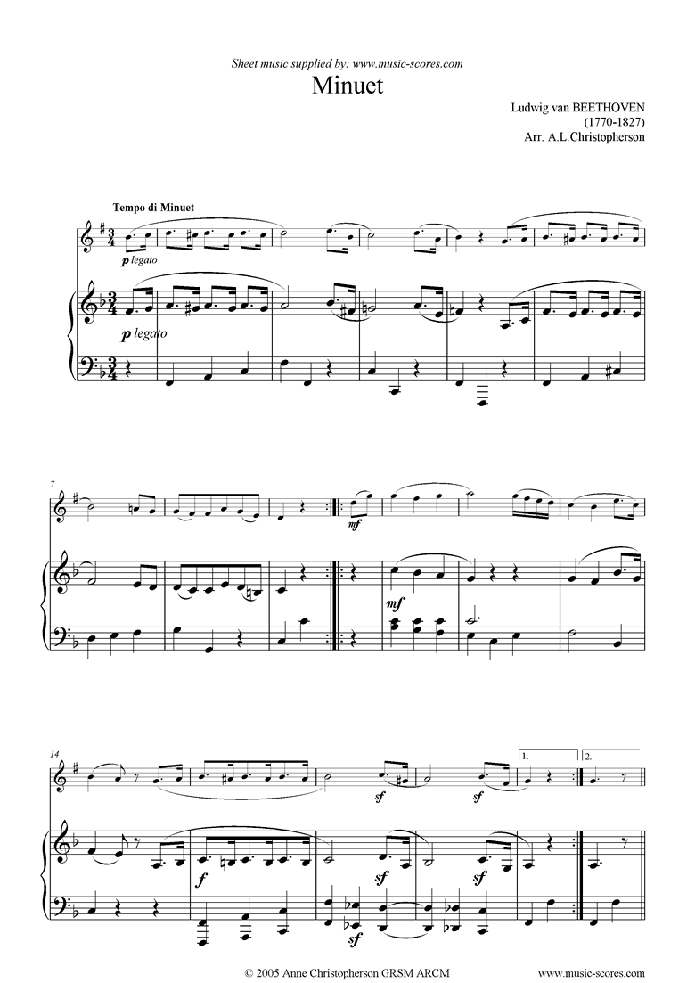 Beethoven. WoO 10, No.2 Minuet in G Clarinet classical sheet music Beethoven. WoO 10, No.2 Minuet in G Clarinet classical sheet music