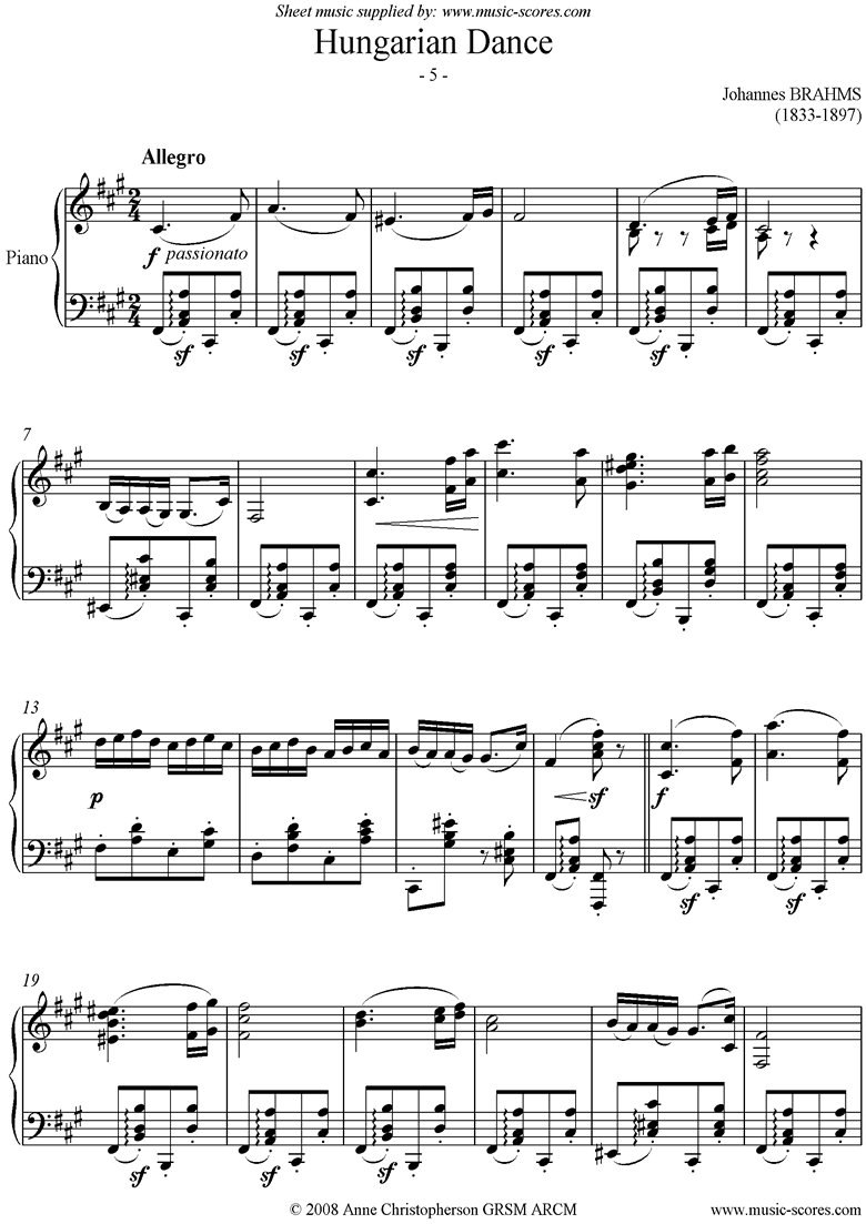 Brahms. Hungarian Dance No.5 Piano Solo classical sheet music Brahms. Hungarian Dance No.5 Piano Solo classical sheet music