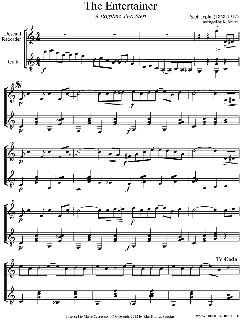 Joplin. The Entertainer Recorder, Guitar classical sheet music Joplin. The Entertainer Recorder, Guitar classical sheet music