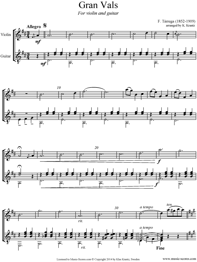 Tarrega. Gran Vals Violin, Guitar classical sheet music Tarrega. Gran Vals Violin, Guitar classical sheet music